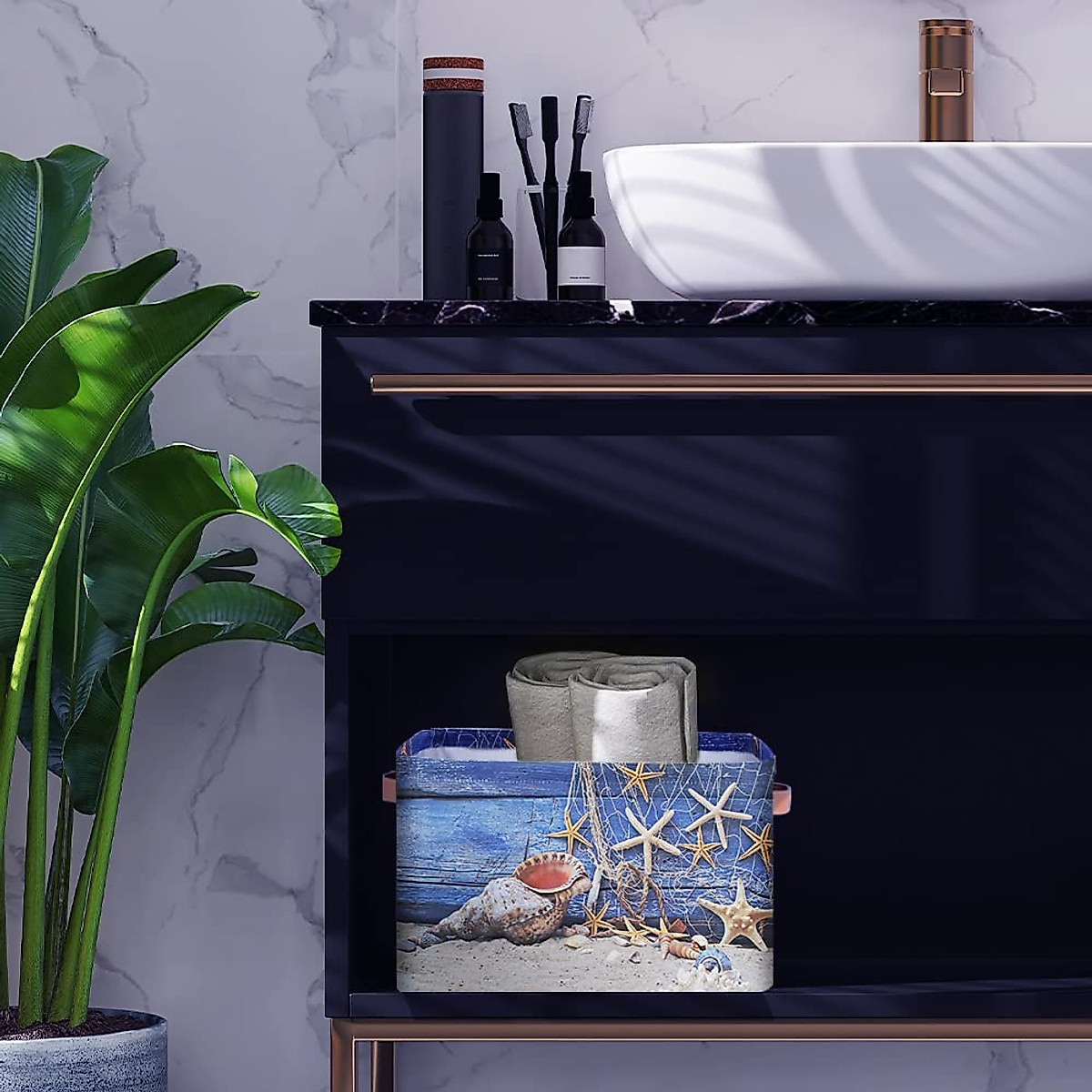 TropicalLife Summer Beach Starfish Storage Basket Ocean Sea Storage Bin Box Toys Organizer Shelf Cube with Handles for Kids Room Kitchen Office Nursery