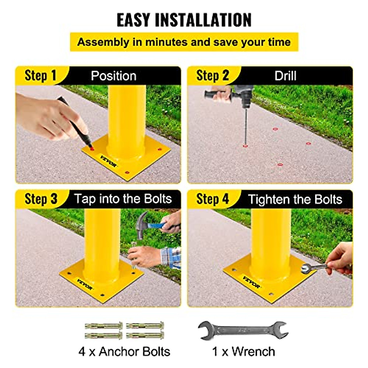 BestEquip Safety Bollard 48-5.5, Safety Barrier Bollard 5-1/2" OD 48" Height, Yellow Powder Coat Pipe Steel Safety Barrier, with 4 Free Anchor Bolts, for Traffic-Sensitive Area