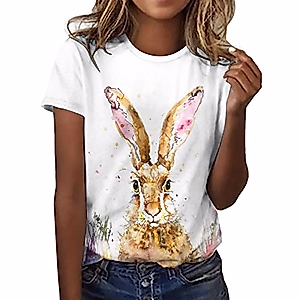 Women Casual Top Easter Bunny Printing Loose Round Neck Short Sleeve T Shirt Khaki