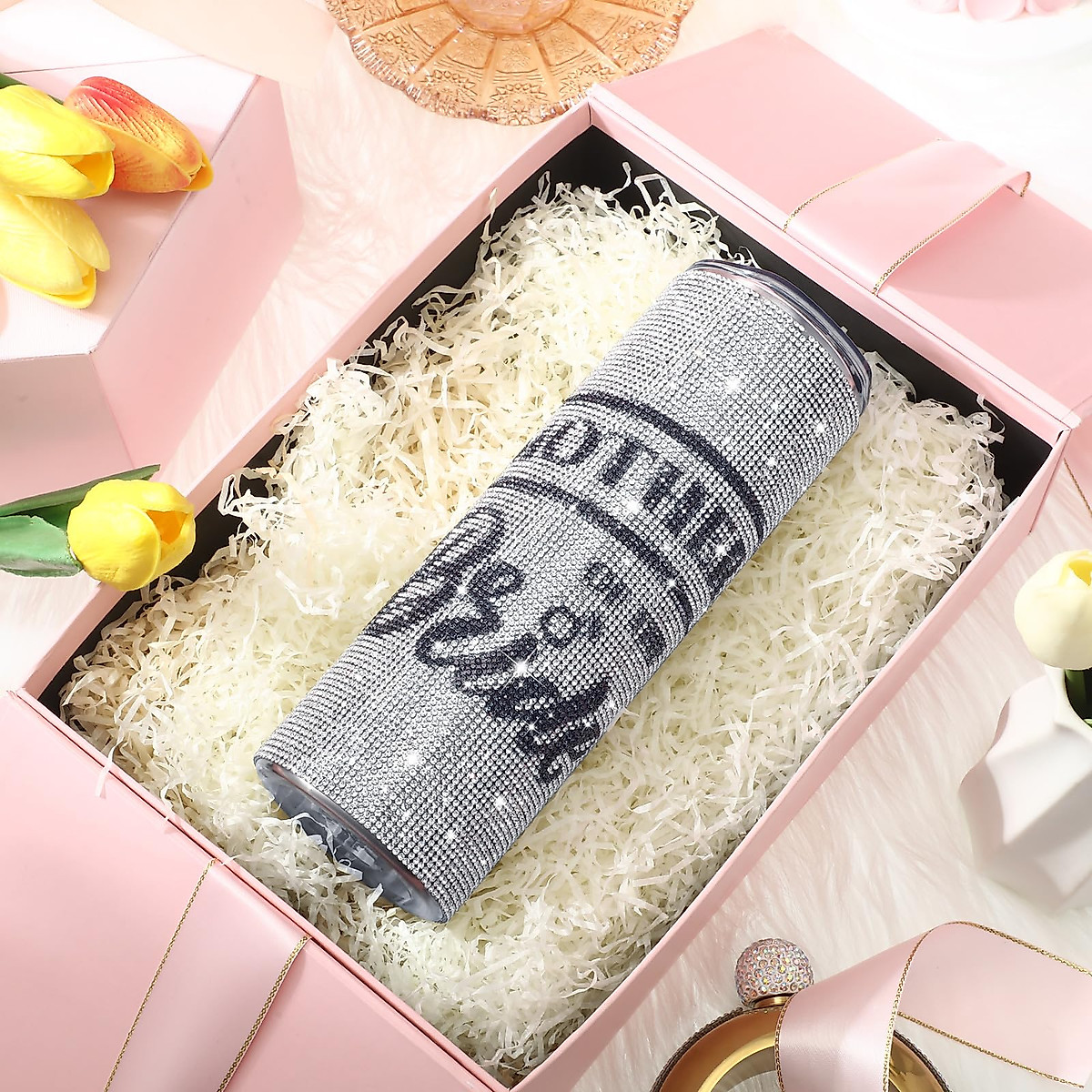 Jinei Wedding Gift Bride Tumbler 20 oz Bling Bridal Insulated Tumbler with Straw and Lid Brush Diamond Rhinestone Water Bottle for Wedding(Mother of the Bride)