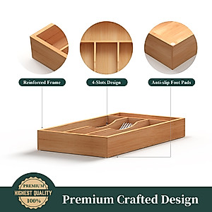 Small Silverware Organizer, Bamboo Kitchen Drawer Organizer, Utensil Holder, Cutlery Tray & Spoon Flatware Storage with Grooved Drawer Dividers