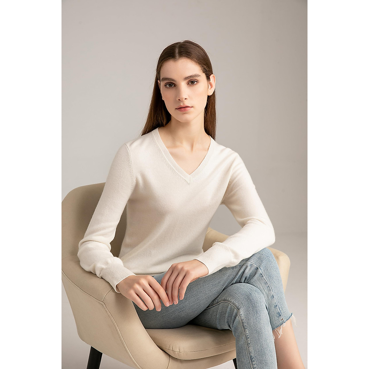 State Cashmere Women’s Essential V-Neck Sweater 100% Pure Cashmere Classic Long Sleeve Pullover (Undyed White, Large)