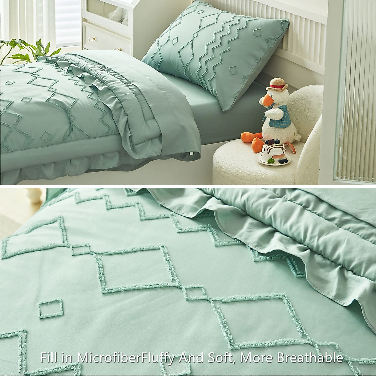 AIKASY Toddler Bedding Set 4 Pieces Super Soft Comforter Set, Shabby Boho Bohemian Design for Boys and Girls（Ruffle Fringe Comforter, Flat Sheet, Fitted Sheet and Pillowcase）- Green