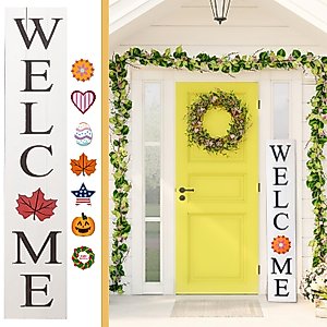 ALBEN Welcome Sign for Front Door Porch with Ornamental Tiles - 8 Interchangeable Seasonal Tiles, Celebrate Holidays and Seasons, Vertical Wooden Outdoor and Indoor Welcome Home Decor Sign (White)