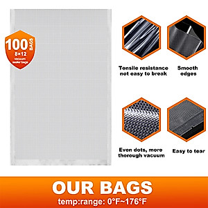 MONT4 Sous Vide Seal Bags 100 Quart 8x12 Inch - Food Vacuum Sealer Bags - BPA Free Nylon Plastic - Transparent Embossed Packaging - Microwave, Freezer, and Cook Safe - Ideal for Food Mean Storage