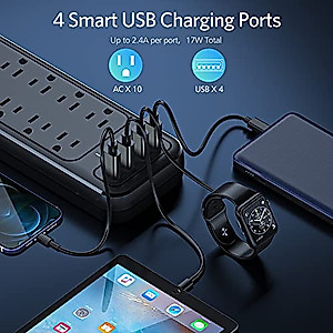 LENCENT 2 Prong Power Strip, Polarized 3 Prong to 2 Prong Outlet Adapter, 1700J Surge Protector, 6ft Extension Cord, 10 AC Outlets & 4 USB(5V 3.4A Max), Wall Mountable, Ideal for Non-Grounded Outlets