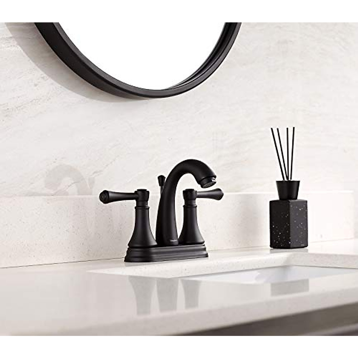 Matte Black 4 Inch Bathroom Sink Faucet 3 Hole, 2 Handle Centerset Bathroom Faucet with Metal Casting Spout, Modern RV Farmhouse Vanity Faucet, Include Drain with Overflow and Lift Rod, TAF410Y-MB