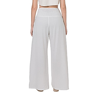 LOFBAZ Women Summer Flowy Cotton Linen Palazzo Wide Leg Pants Beach High Waisted Trousers Boho Long Lounge Pant with Pockets White XL