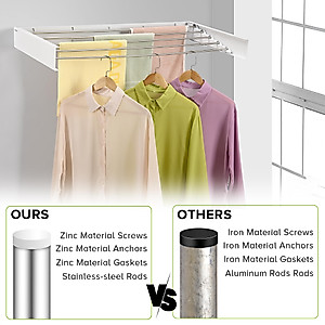 JolyBay Wall Mounted Laundry Drying Rack, Retractable Clothes Drying Rack for Bathroom with Wall Template, 5 Stainless Rods Heaving 60 lb Capacity (White, 40")