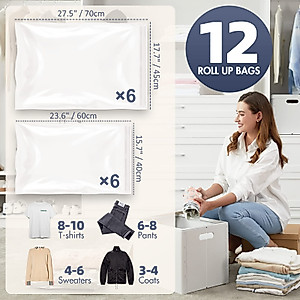 TAILI 12 Pack Travel Compression Bags, Roll Up Space Saver Bags (6 Large, 6 Medium), No Vacuum Needed Reusable Packing Bags for Luggage, Suitcase, Backpack, Travel Essentials