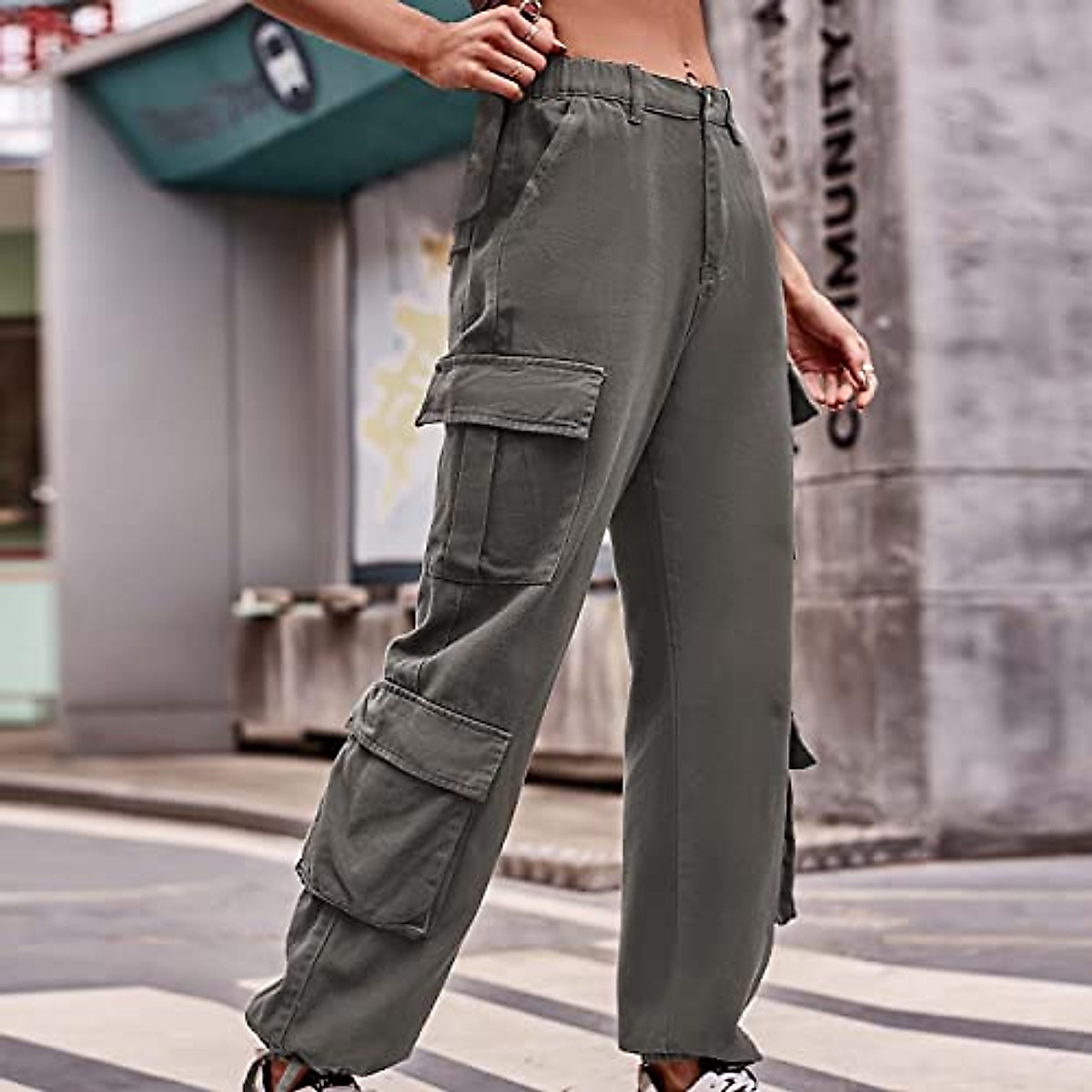 NATHGAM Women High Waisted Cargo Pants Baggy Wide Leg Casual Hiking Pants Outdoor Mountaineering Combat Military Trousers Gray
