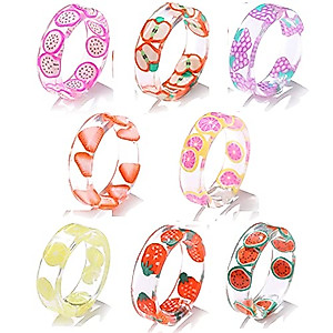 Winwinfly 8PCS Colorful Acrylic Resin Chunky Rings for Women, Trendy Unique Plastic and Transparent Stacking Rings, Cute Retro Open Finger Rings Jewelry for Women