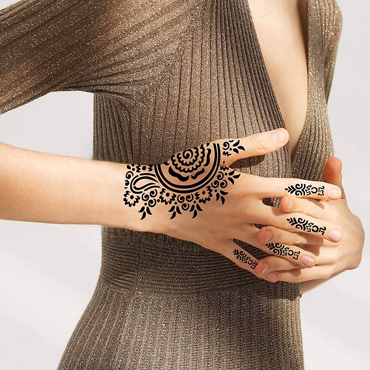 20 Sheets Large Henna Tattoo Stencils, Temporary Tattoo Templates for Hand Forearm Indian Arabian Glitter Airbrush Tattoo Stickers for Girls Woman