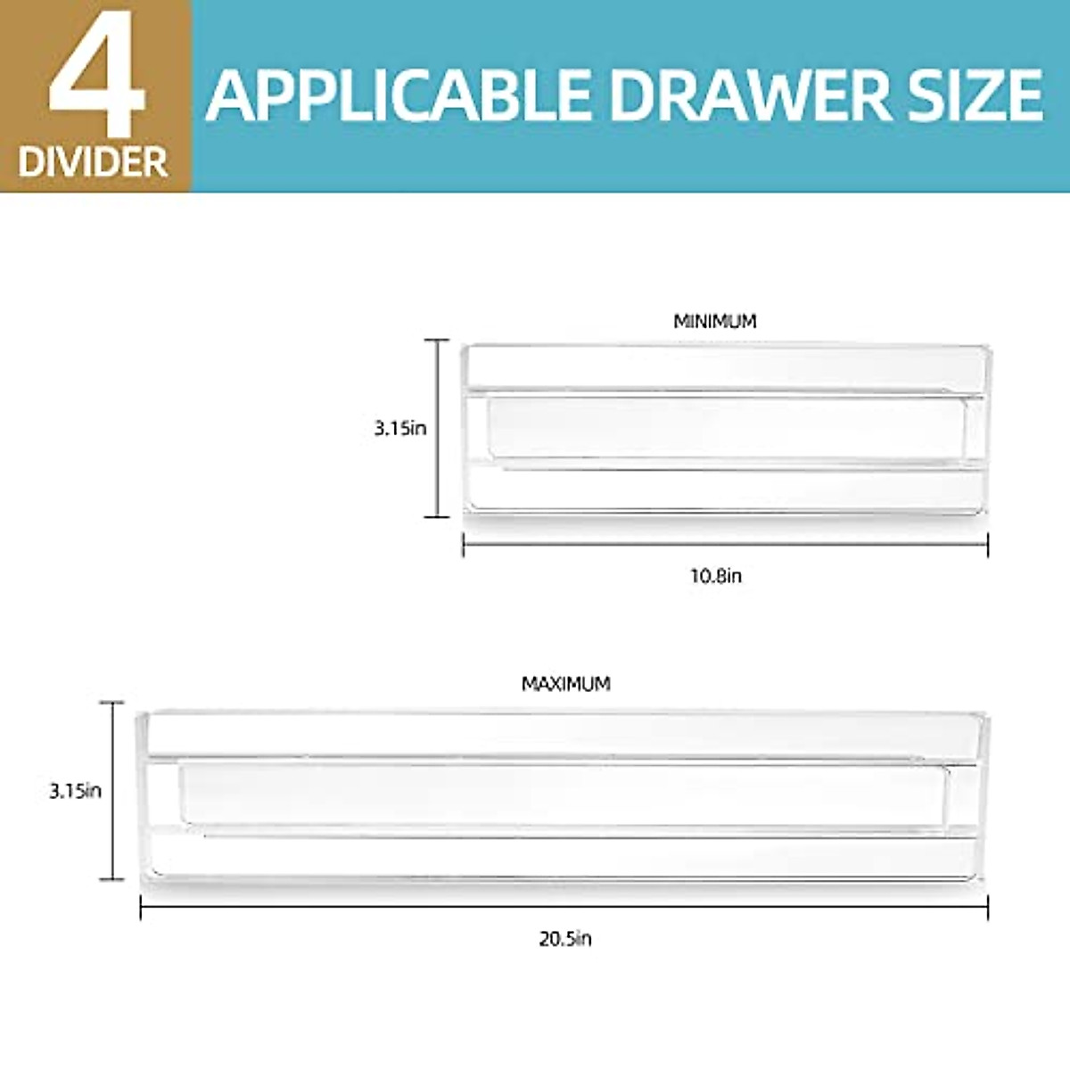 Rumia drawer divider-4 packs ,Expandable 10.5-20.5" Clear Plastic Drawer Organizers for Clothing,Kitchen Utensils，Dresser Storage