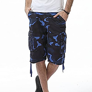 Men Relaxed Fit Camo Cargo Shorts Camouflage Multi Pockets Outdoor Short Pants Lightweight Loose Military Short (Blue,31)