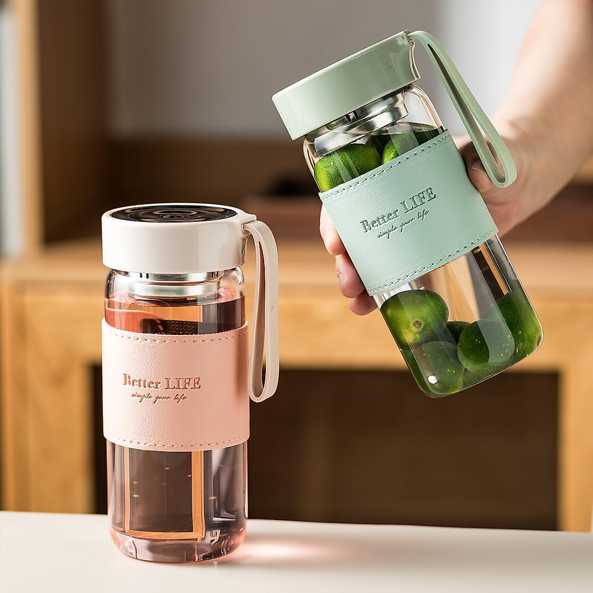 DNIENKGE Glass tea bottle 16 oz drinking bottle with Non-Slip holster, and Stainless Tea Infuser,Leak Proof Lid,Portable glass water bottle for school, office, car home,as a gift, etc (Green)