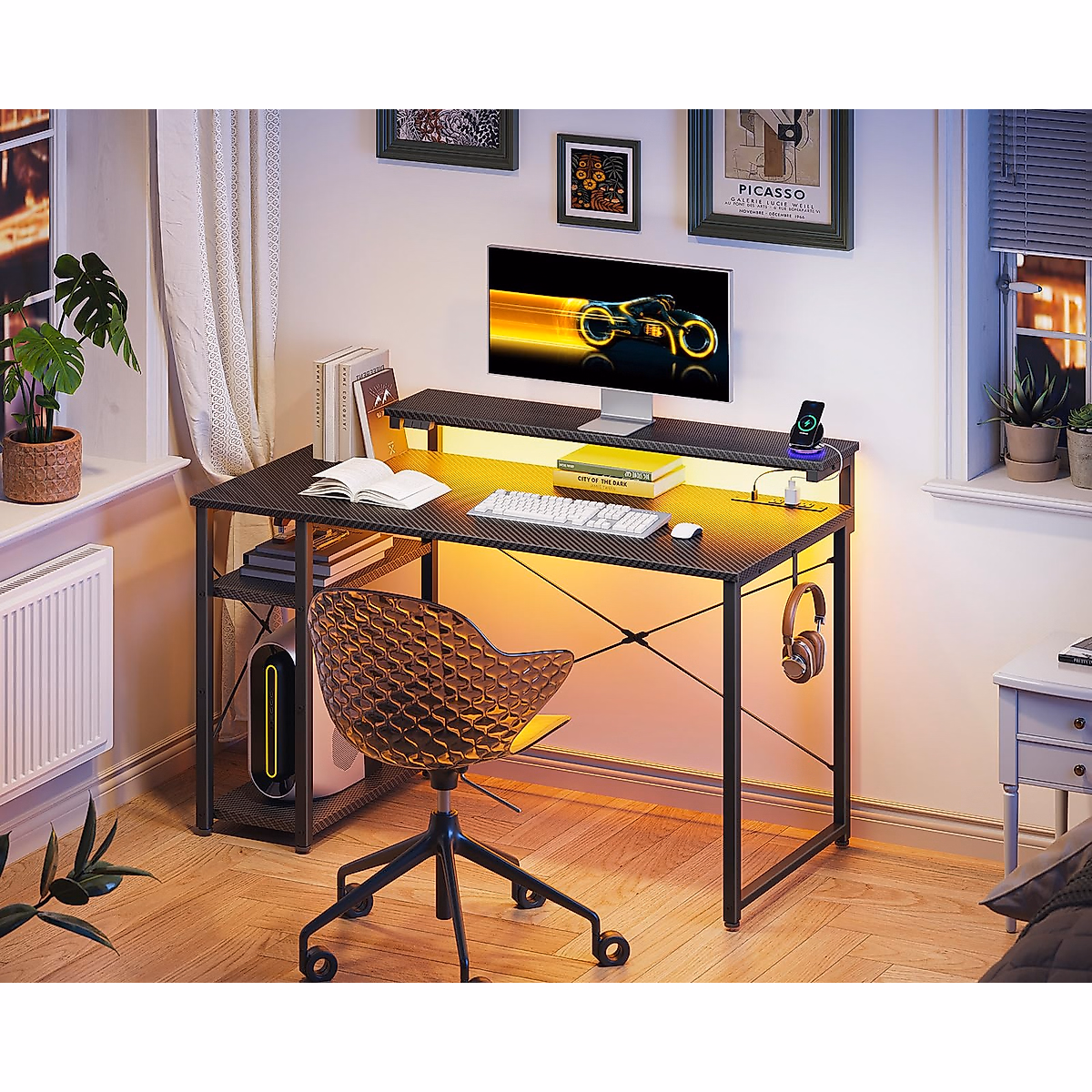 MOTPK Gaming Desk with Led Lights & Power Outlet, 40 Inch Small Gaming Computer Desk with Shelves, Reversible Gamer Desk Table with Adjustable Monitor Stand & Headphone Hook, Carbon Fiber Texture