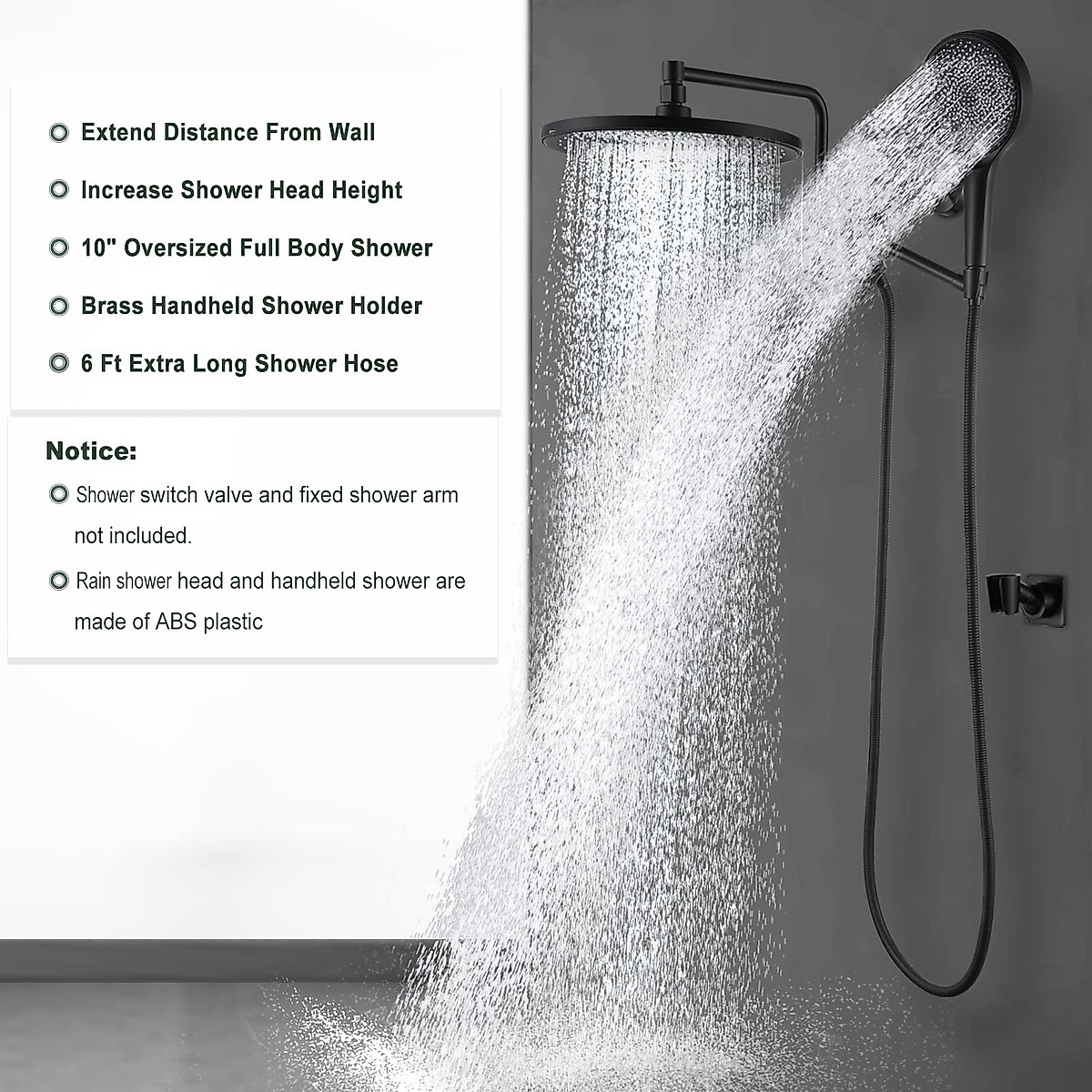 10" High Pressure Rainfall Shower Head with Handheld Combo, Upgrade 12" Extension Arm Height Adjustable, Powerful Shower Head, Brass Shower Holder Extra Long Shower Hose, Matte Black