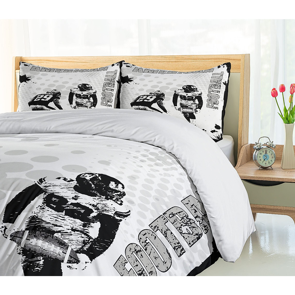 Ambesonne Sports Duvet Cover Set, Grungy American Football Image International Team World Cup Kick Play Speed Victory, Decorative 3 Piece Bedding Set with 2 Pillow Shams, Queen Size, White Charcoal
