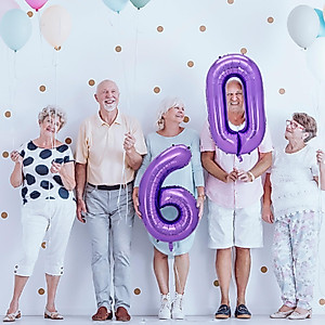 GINZU 40 Inch Purple 60 Number Balloons Big Giant Jumbo Large Number 60 Foil Mylar Balloons for Women Men Purple 60th Birthday Party Supplies 60 Years Old Anniversary Events Decorations