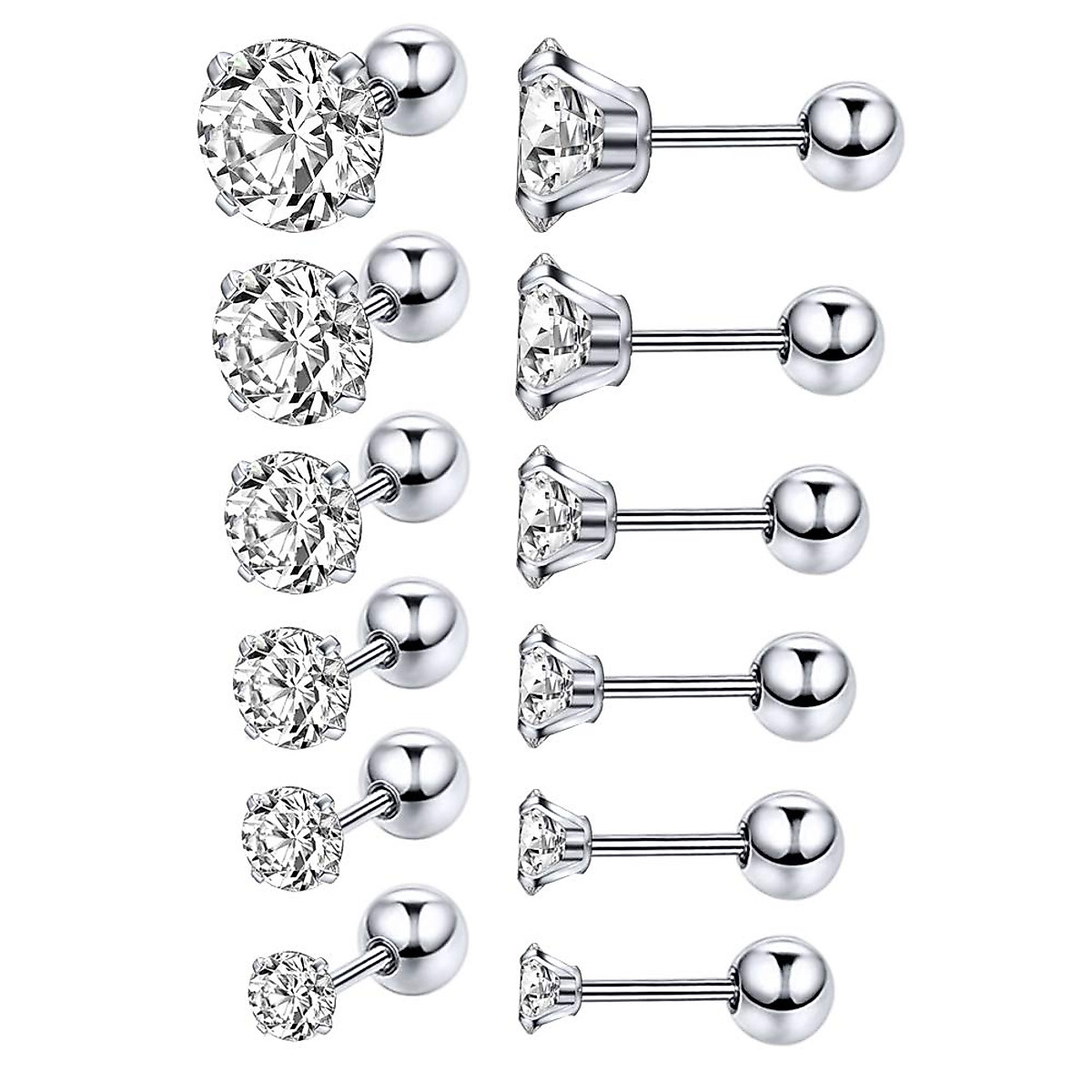6 Pairs Shiny Round Cubic Zirconia Surgical Steel Stud Earrings Tragus Helix Conch Piercing Cartilage Sets