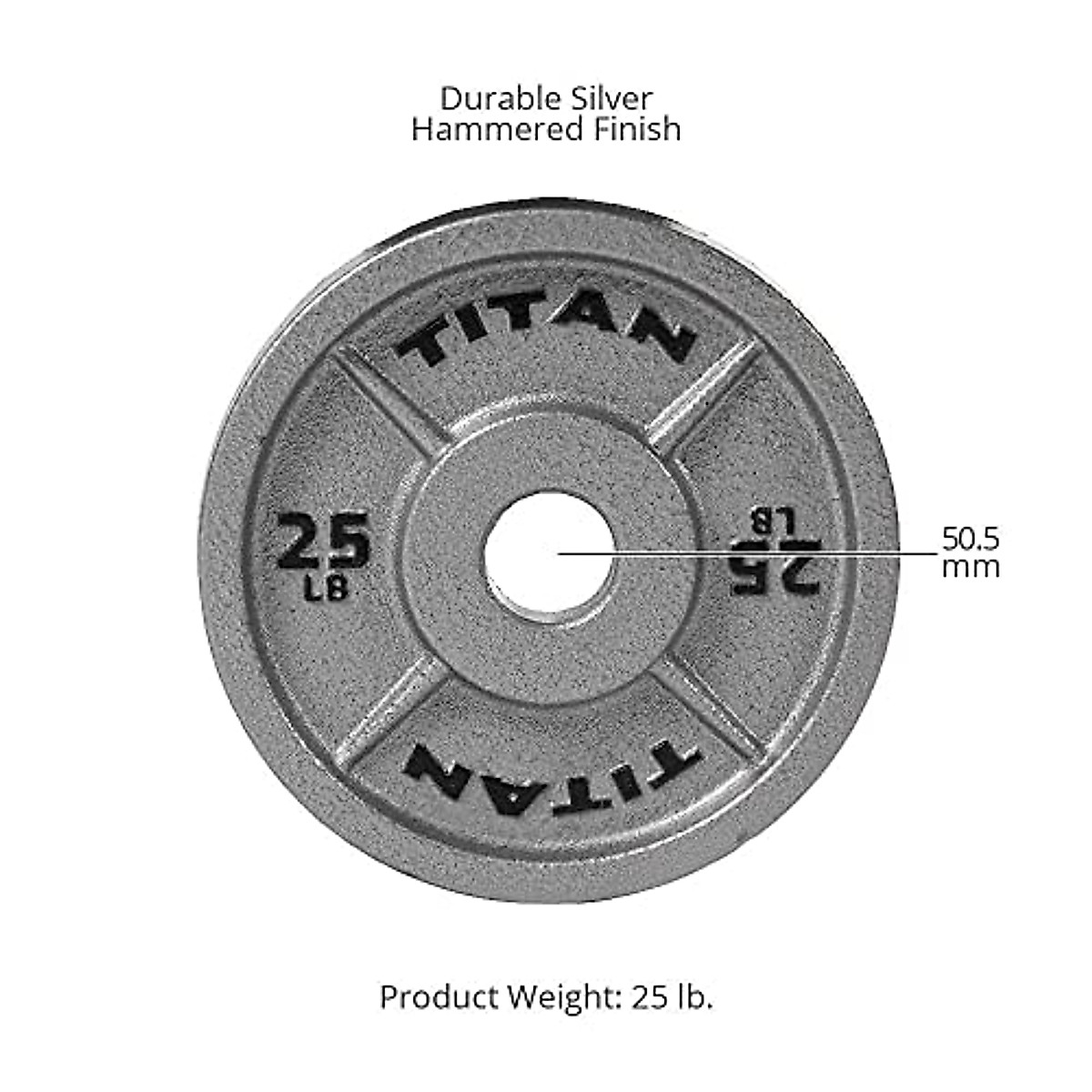 Titan Fitness 25 LB Cast Iron Olympic Plates, Sold In Pairs, Classic Weight Plate Design, Silver Hammer Finish