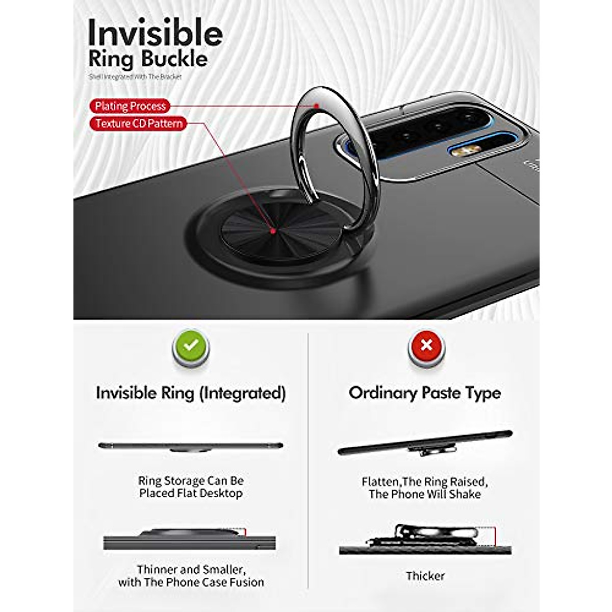 iCoverCase Compatible with Huawei P30 Pro Case with Ring Holder, Rotatable Matal Ring Kickstand [Work with Magnetic Car Mount] Shockproof Anti-Scratch Ultra-Slim Protective Case (All Black)