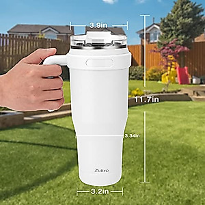 Zukro 50 oz Mug Tumbler With Handle And Flip Straw, Leakproof Vacuum Insulated Stainless Steel Cup Water Bottle with 2-in-1 Lid,Large Travel Mug, Fit in Cup Holder, Keeps Cold for 30 Hours, White
