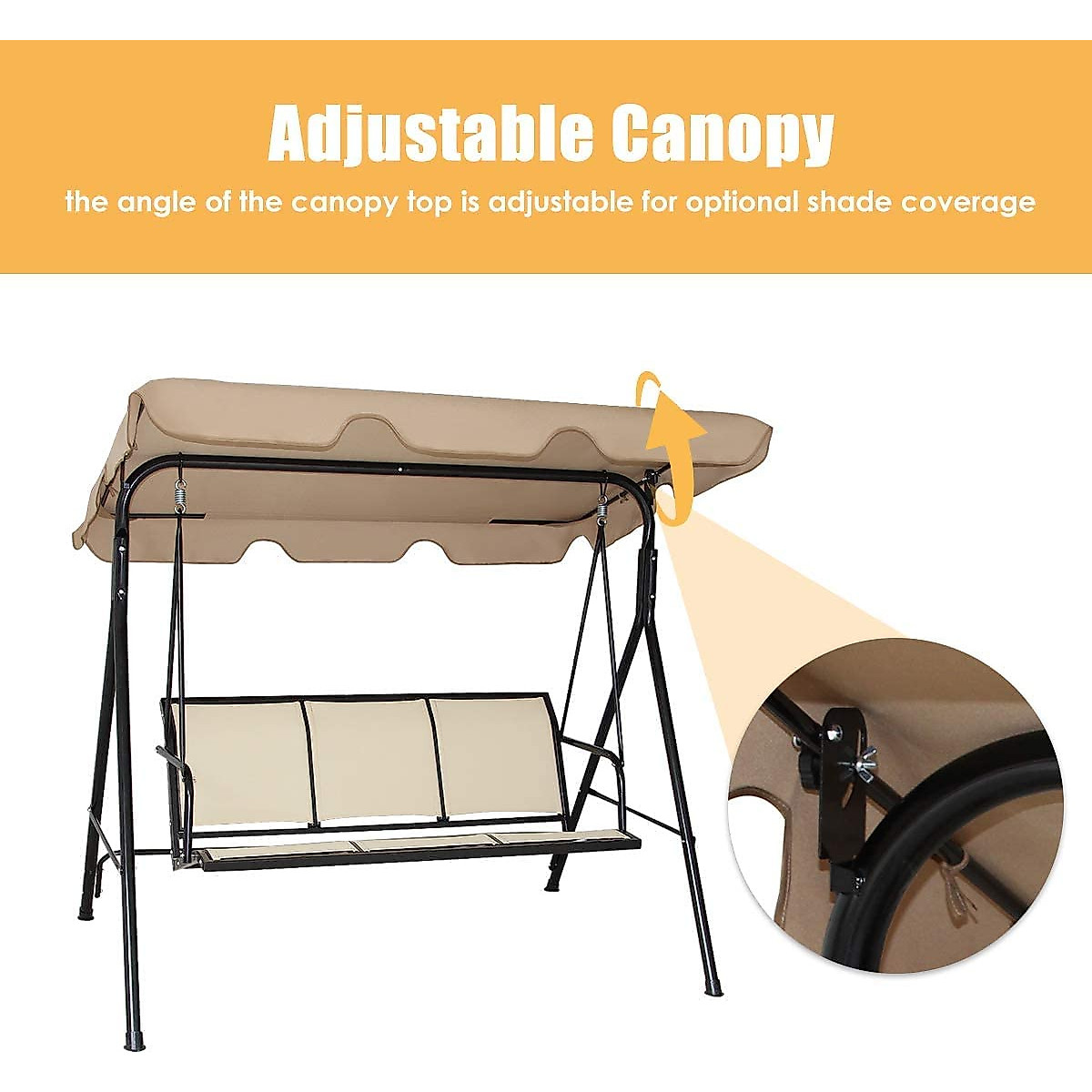 GRAFFY 3-Seat Deluxe Outdoor Swing with Weather Resistant Steel Frame & Polyester Angle Adjustable Tilt Canopy, 3 Person Porch Swing, Suitable for Patio, Garden, Poolside, Balcony, Brown