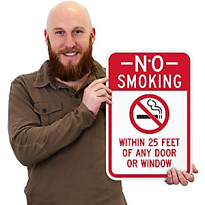 SmartSign 18 x 12 inch “No Smoking - Within 25 Feet of Any Door Or Window” Metal Sign, 63 mil Laminated Rustproof Aluminum, Red, Black and White