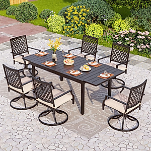 PHI VILLA Patio Dining Set 7 Pcs 1 Extendable Dining Table and 6 Swivel Chairs Support 300 lbs for Outdoor Backyard Bistro Furniture Set with Cushion