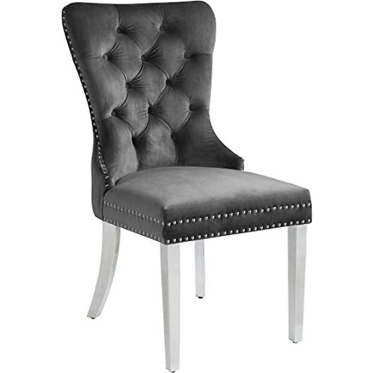 Meridian Furniture Carmen Collection Modern | Contemporary Velvet Upholstered Dining Chair with Button Tufting and Chrome Metal Legs, Set of 2, Grey, 21.5" W x 27" D x 39.5" H