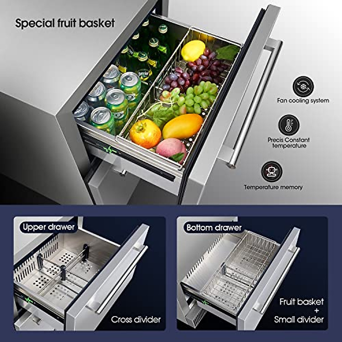 Vesgold 24 inch wide drawer refrigerator, built-in wine and beverage refrigerator under the counter, weatherproof, indoor and outdoor refrigerators, all-stainless steel cooler.