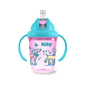 Nuby 2-Handle No-Spill Flip-it Fat Straw Printed Cup - 8oz/ 240 ml, 12+ Months, 1pk Prints May Vary