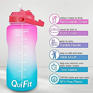 QuiFit Motivational Gallon Water Bottle - with Straw & Time Marker BPA Free 128/64 oz Large Water Jug Leak-Proof Durable for Fitness Outdoor Enthusiasts(Pink/Blue, 64 oz)