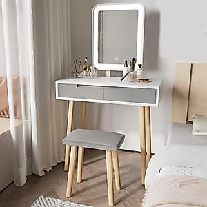 ARTETHYS Vanity Table Set with Adjustable Brightness Mirror and Cushioned Stool, Dressing Table Vanity Makeup Table with Free Make-up Organizer