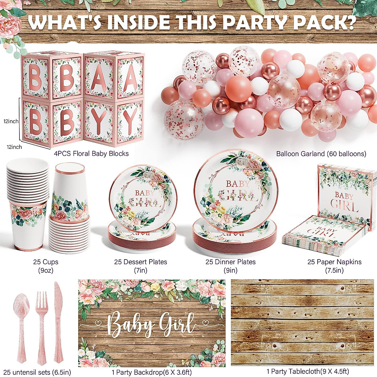 Ecomore Baby Shower Decorations for Girl - 245 PCS Gender Reveal Party Supplies Disposable Dinnerware with Rose Gold Floral Paper Plate Napkin Cutlery Tablecloth Backdrop Baby Boxs Balloon Garland Kit