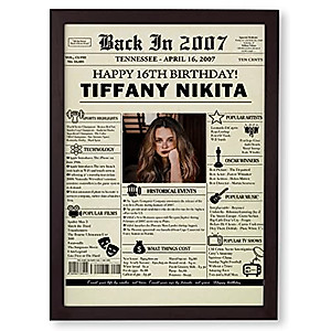 16th Birthday Decorations For Women, Men, Him, Her - Custom Poster Party Decor Gifts With Personalized Birth Date, Photo - Back in Newspaper