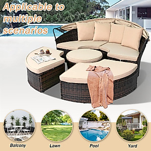SOLAURA Outdoor Round Daybed, Patio Daybed with Retractable Canopy and Brown Wicker Patio Sectional Sofa, Seating Separates Cushioned Seats (4 Light Brown Pillow)