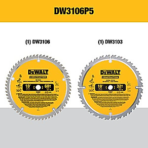 DEWALT 10-Inch Miter / Table Saw Blades, 60-Tooth Crosscutting & 32-Tooth General Purpose, Combo Pack (DW3106P5)