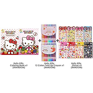 Hello Kitty 1 Coloring Book + 1 12-Color Crayon Set + 1 Sticker Sheet Arts & Craft Set : Random