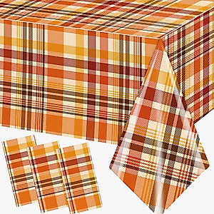HAKOTI 3Pieces Fall Decorations Plaid Tablecloths, 54 * 108 Inches Orange Plaid Fall Tablecloth Disposable Plaid Fall Disposable Table Cover, Fall Plaid Table Cloth for Fall Thanksgiving Party