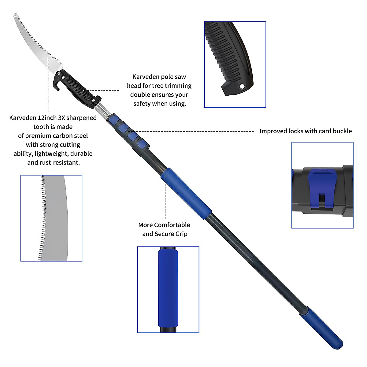 Karveden Pole Saw - 20 FT Telescoping Extension Pole Saws for Tree Trimming with 5FT-20FT Telescoping Pole, Anti-slip Handle, 19" 3X Detachable Saw for Tree Trimming, Camping, Manual Pruning Pole Saw