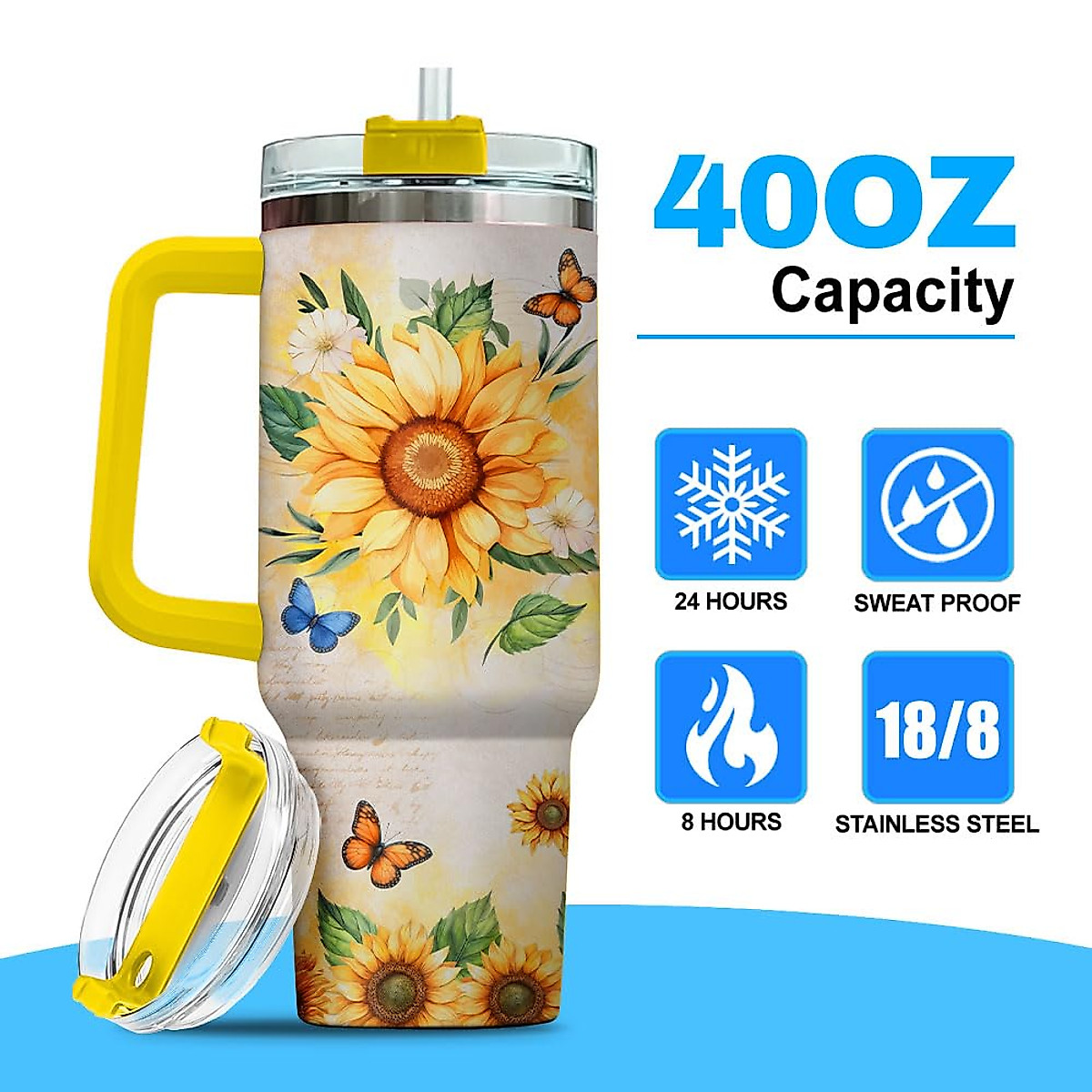 99OWL Yellow Women Flower Tumblers For Coffee Cups Floral Handle Butterfly, Tumbler 40 Oz With Handle Lid And Straw, Sunflower Inspirational, Sunflower Gifts