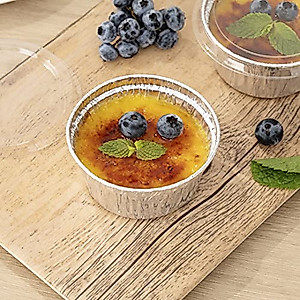 Restaurantware Foil Lux 4 Ounce Creme Brulee Cups, 100 Freezable Disposable Ramekins - Flat Lids Sold Separately, Oven-Ready, Silver Aluminum Baking Cups, Greaseproof, Stackable