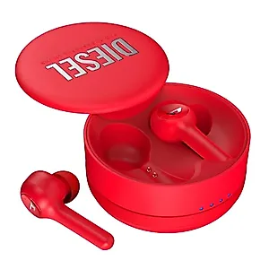 Diesel True Wireless Earbuds, in Ear Bluetooth Headphones with 32 Hr Playtime, Wireless Charging Case, Waterproof Headset, LED Battery Power Indicator, iPhone and Android Compatible Earphones, Red