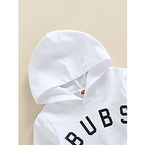 VISGOGO Infant Baby Boy Clothes Set Letter Printed Long Sleeve Hooded Pullover Tops + Elastic Drawstring Pants with Pockets (A-BUBS-White, 3-6 Months)