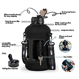 H2O Capsule 2.2L Half Gallon Water Bottle with Storage Sleeve and Covered Straw Lid – BPA Free Large Reusable Drink Container with Handle - Big Sports Jug, 2.2 Liter (74 Ounce) Jet Black
