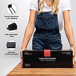 TIDYME Garage Tool Organizer Wall Mount - Sturdy Storage Rack with Adjustable Hooks, Anti-Rust Panel - Easy Installation, 300lbs Capacity - Garden Tool Organizer for Garage (03 Racks & 06 Hooks)