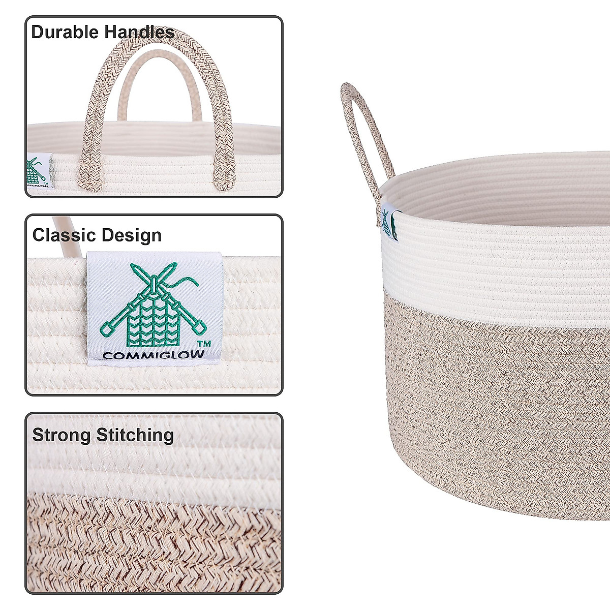 COMMIGLOW XXX-Large Cotton Rope Basket (22”x14”),100% Pure Cotton Woven Laundry Basket for Storage, Blanket Basket for Living Room, Baby and Dog Toy Storage Basket Bin with Handle, Light Brown